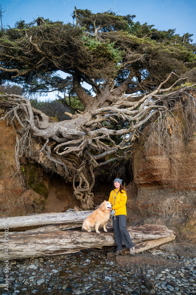 Female posing with her dog at The Tree of Life on The Olympic Coast ...