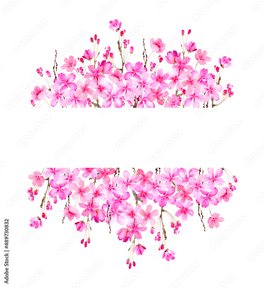 Watercolor pink floral border. Romantic sakura blossom, blooming ...