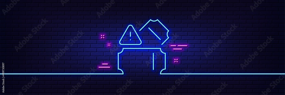 Neon light glow effect. Tickets line icon. Transport entrance sign ...