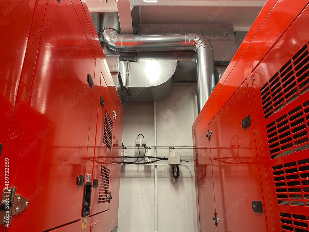 ship engine room with generators and hvac duct piping Stock Photo ...