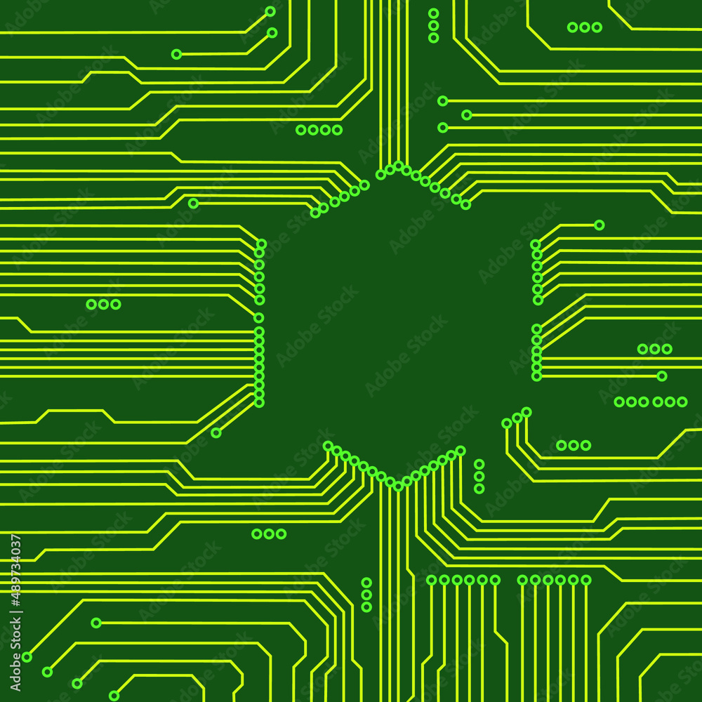Microcircuit on green background. Microprocessor. Electronic circuit ...