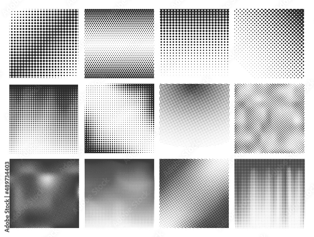 Vetor de Halftone dots texture set. Grainy explosion and halftones ...