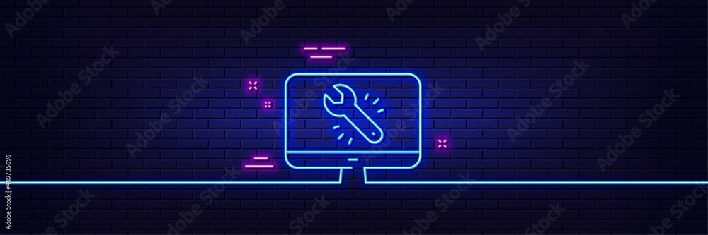 Neon light glow effect. Spanner tool line icon. Monitor or computer ...