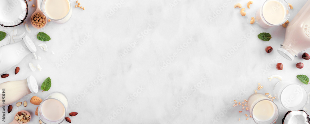 Vegan, plant based, non dairy milk double border. Assortment of types ...