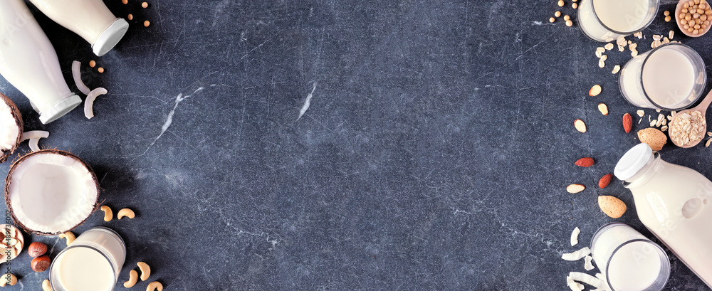 Vegan, plant based, non dairy milk double border. Variety of types in ...