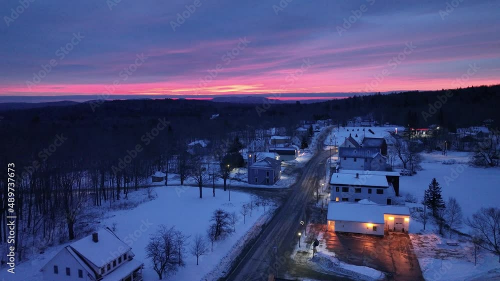 Wide aerial over Monson Town, Maine beautiful Winter sunrise Stock ...