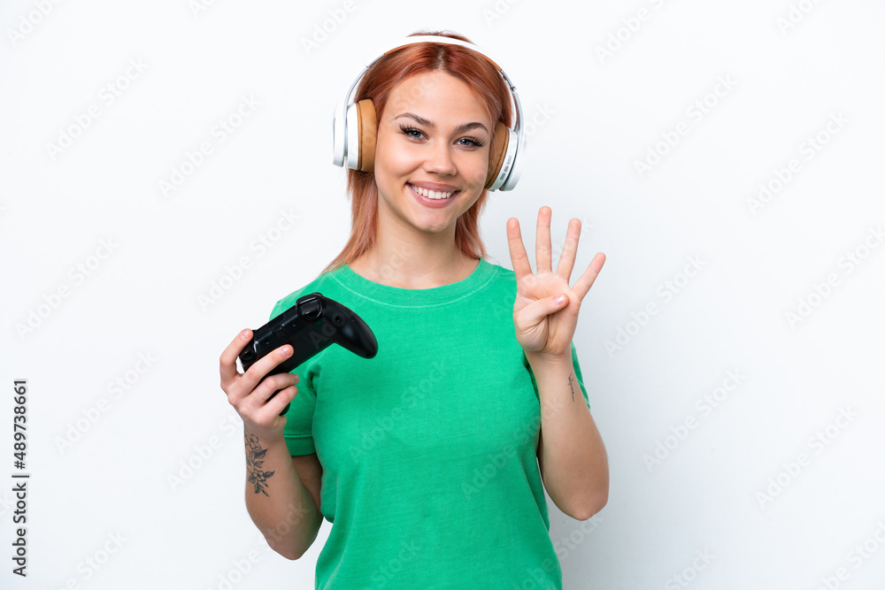 Young Russian girl playing with a video game controller isolated on ...