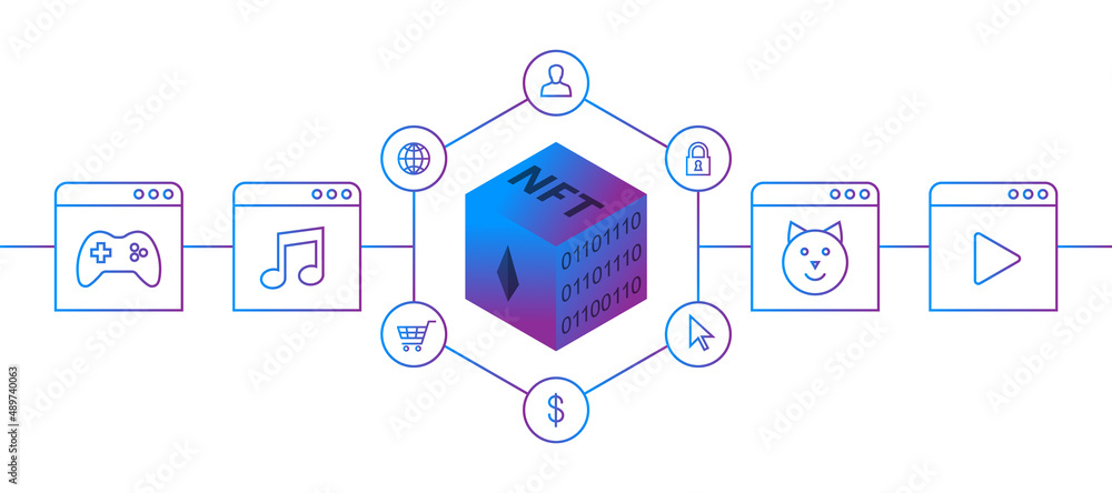 NFT technology, digital art and blockchain concept. Non-fungible token ...