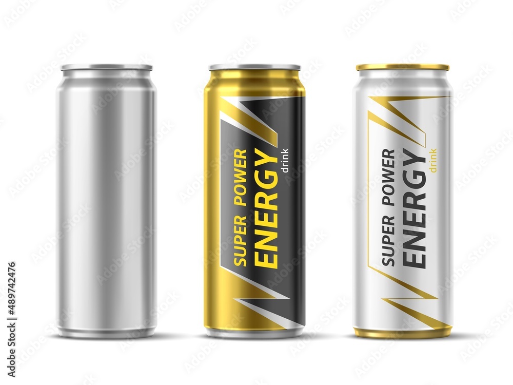 Energy drink can design. Realistic disposable metallic beverage ...