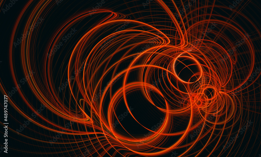 Dynamic vortex of red glowing circles in dark 3d space. Rushing blowing ...