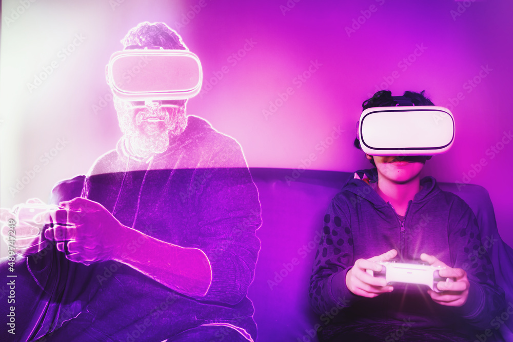 Father and son playing online same 360 vr game in different place ...