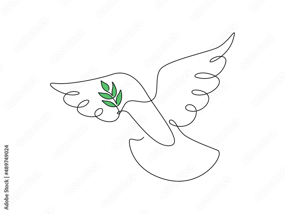 Peace dove with green olive branch in One continuous line drawing. Bird ...