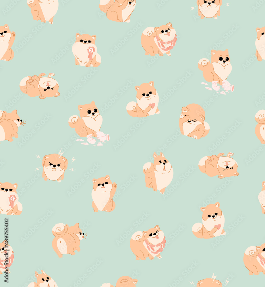 Spitz dog seamless pattern. Cute funny dogs in different poses on ...