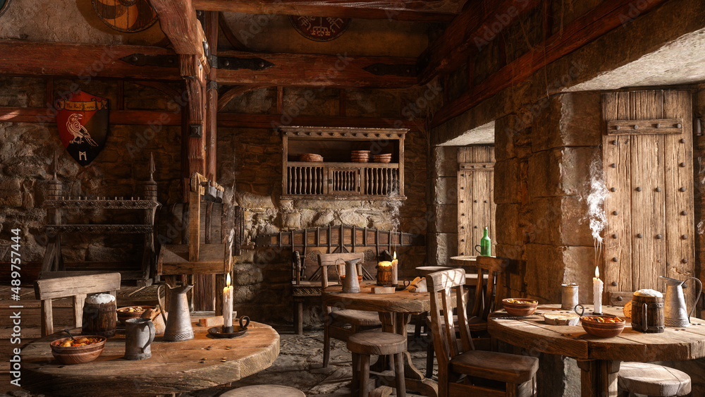 Dining tables in an old medieval fantasy tavern lit by daylight from ...