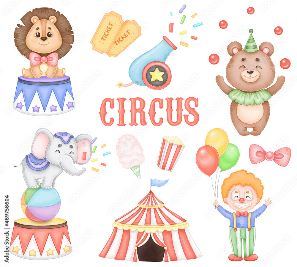 Set with circus, clown and animals, kids clip art Stock Illustration ...