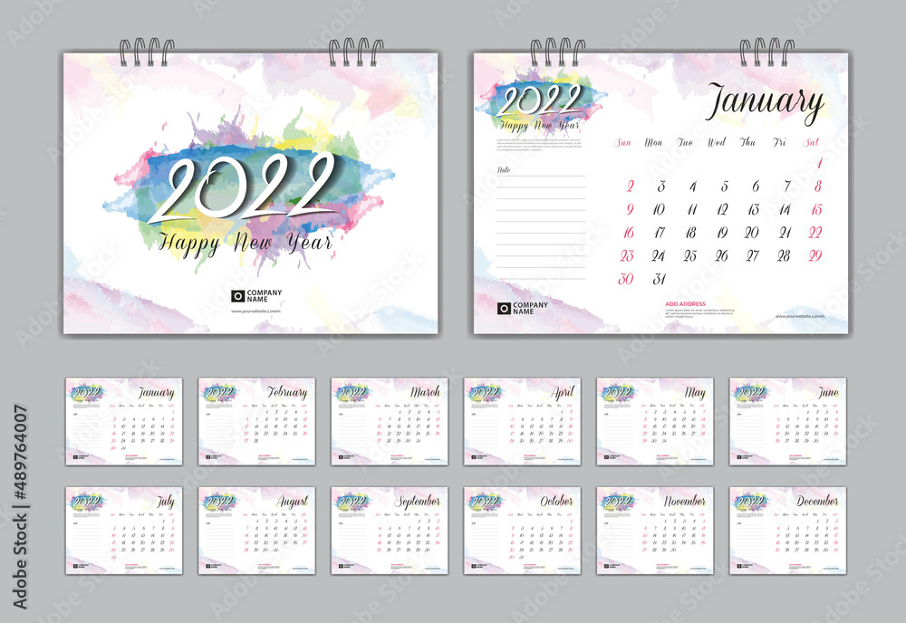 Calendar 2022 template set on colorful watercolor background and cover ...