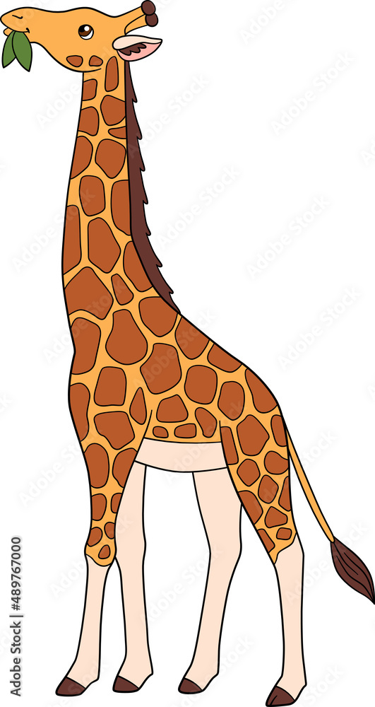 Cartoon wild animals. Big kind giraffe with long neck stands and smiles ...