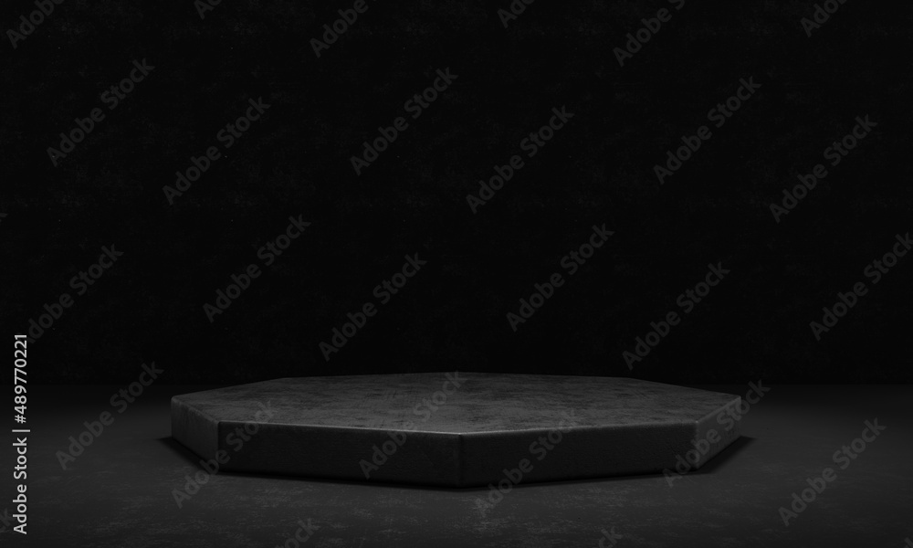 Black cement and concrete octagon stage podium with spotlight and dark ...