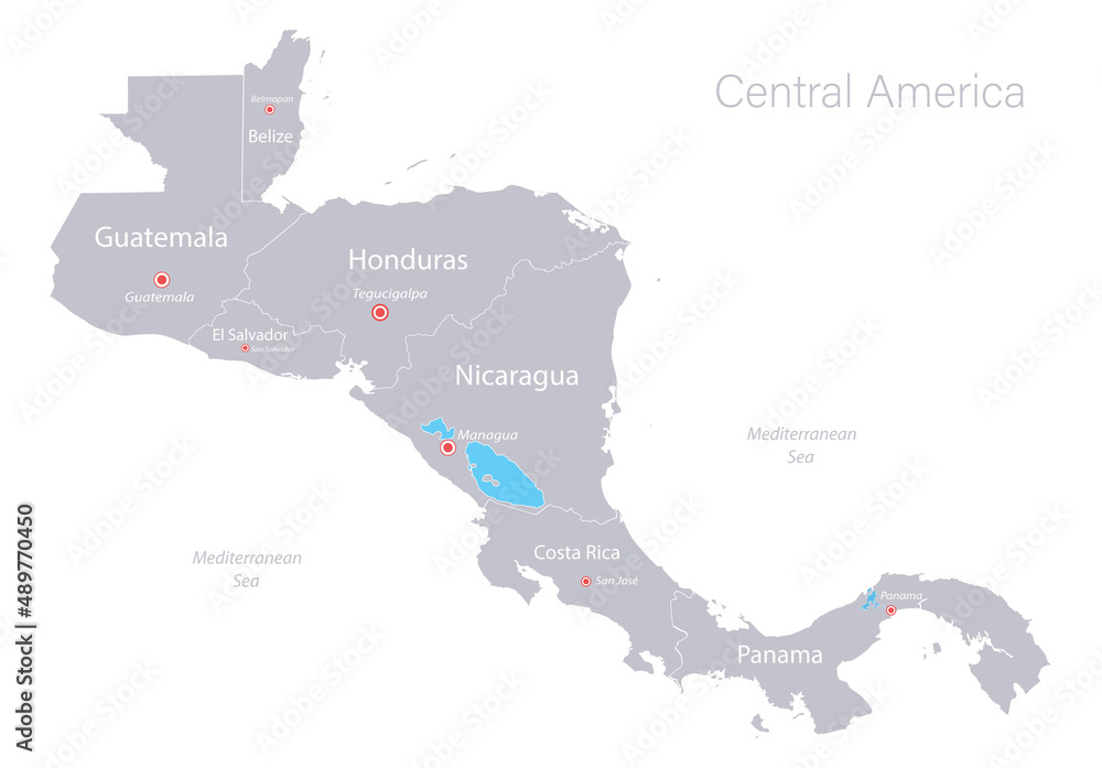 Central America map, individual states and capital city with names ...