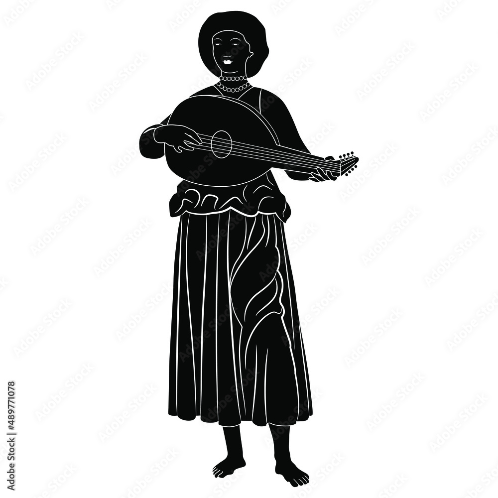 Standing medieval musician playing lute. Black and white negative ...