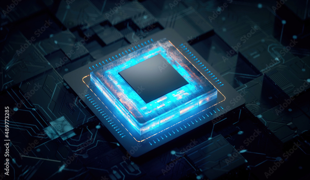 3D rendering of cyberpunk AI. Circuit board. Technology background ...