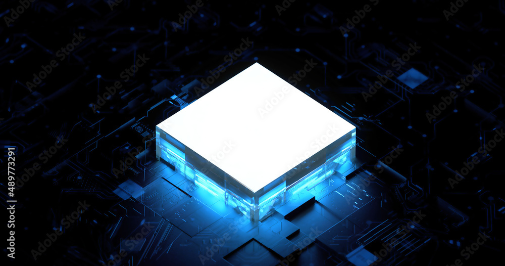 3D rendering of cyberpunk AI. Circuit board. Technology background ...