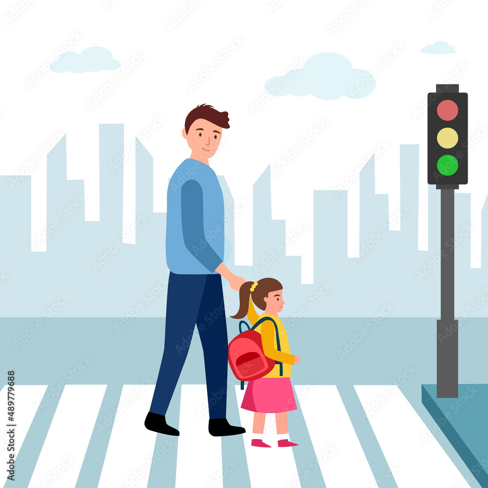 Father with kid crossing the road at crosswalk with traffic light ...