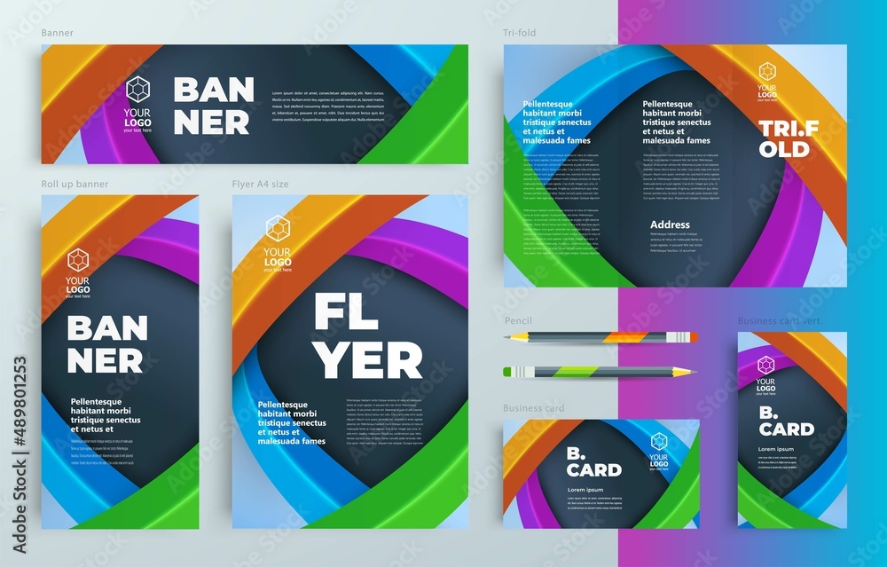 Colored curves theme identity Set flyer cover, tri-fold, banner, roll ...