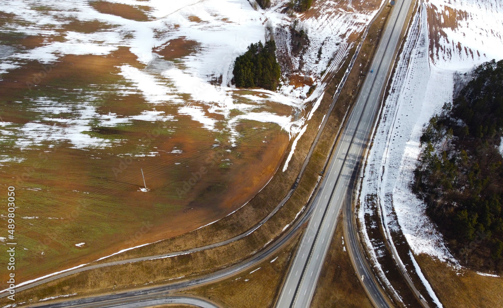 Aerial view of the highway road roundabout. Automobile asphalt circular ...