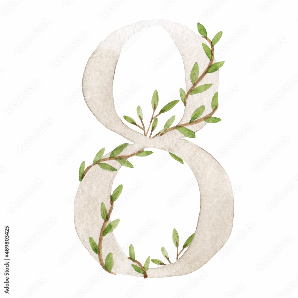 Beautiful stock illustration with watercolor hand drawn number 8 and ...