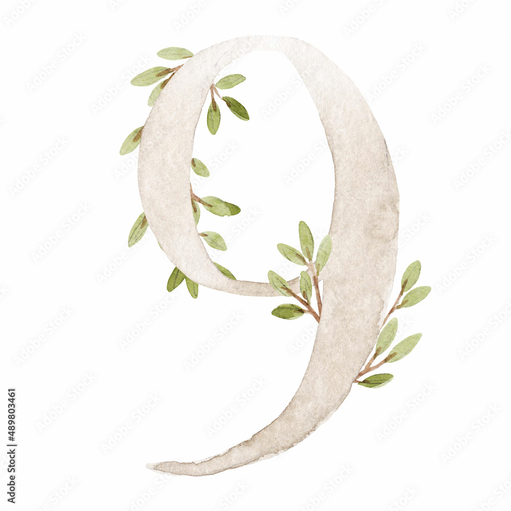 Beautiful stock illustration with watercolor hand drawn number 9 and ...