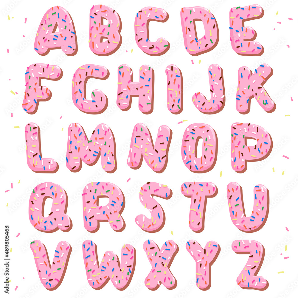 Pink cake alphabet with colorful sprinkles. Vector illustration Stock ...