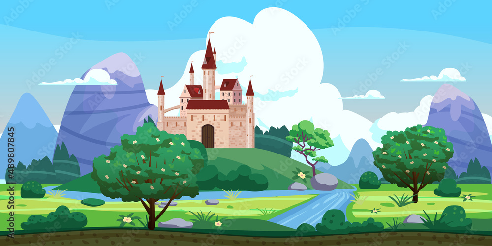 Fantasy castle landscape, green hills, trees, spring, river, mountains ...