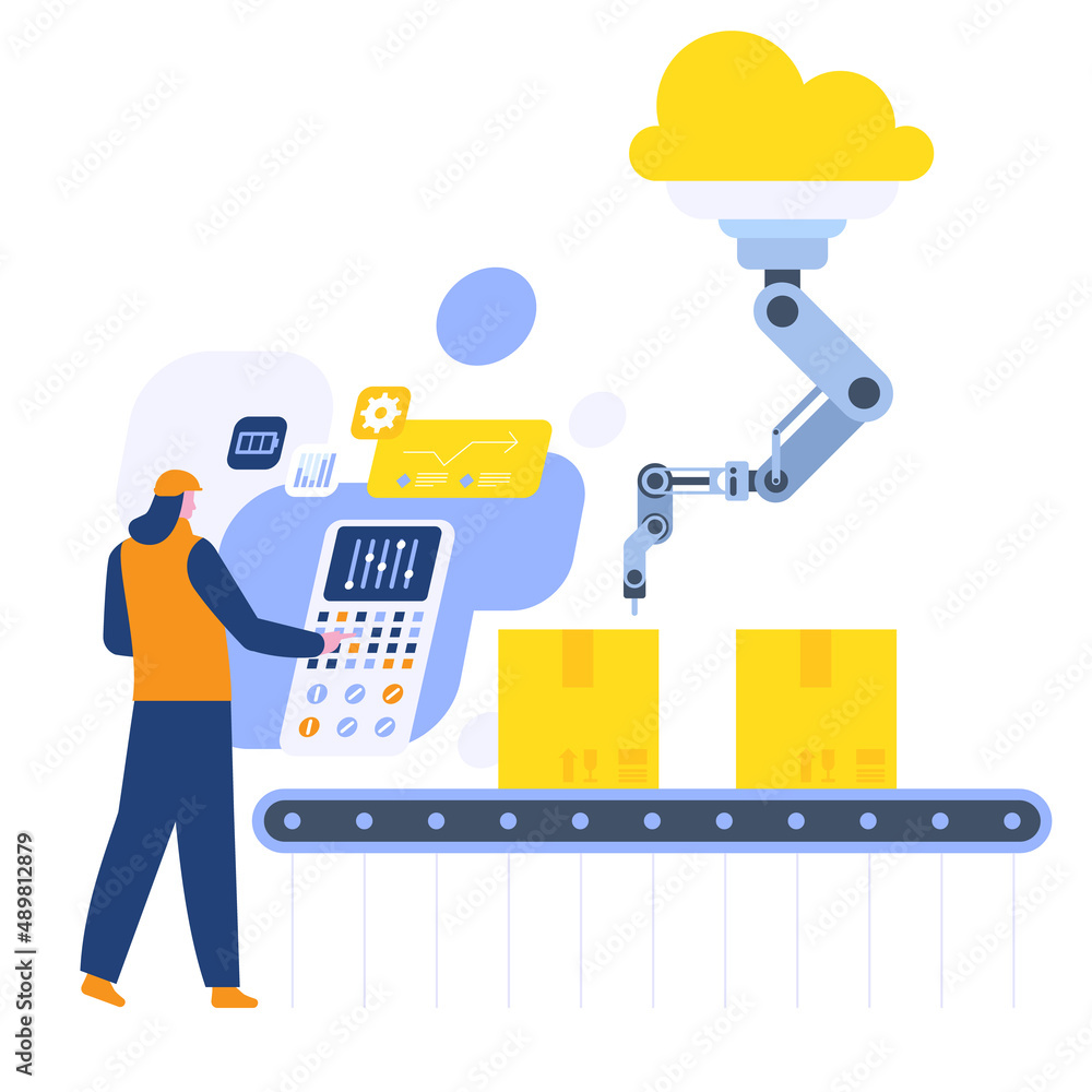 Abstract factory with automated conveyor belt line. Woman controls work ...