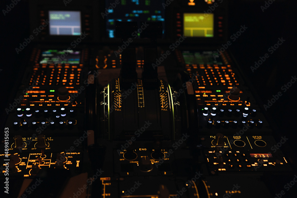Push buttons on control panel in illuminated cockpit Stock Photo ...