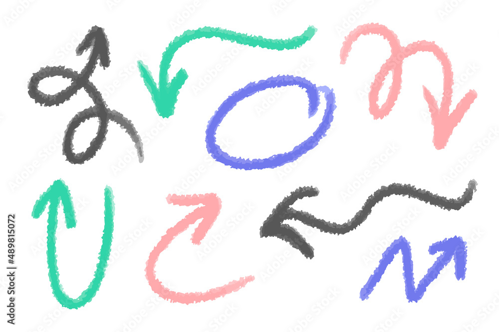 Hand drawn color curve arrow icon set isolated on black background ...