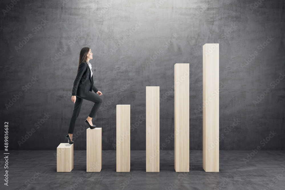 Businesswoman walking on abstract business chart bars on concrete wall ...