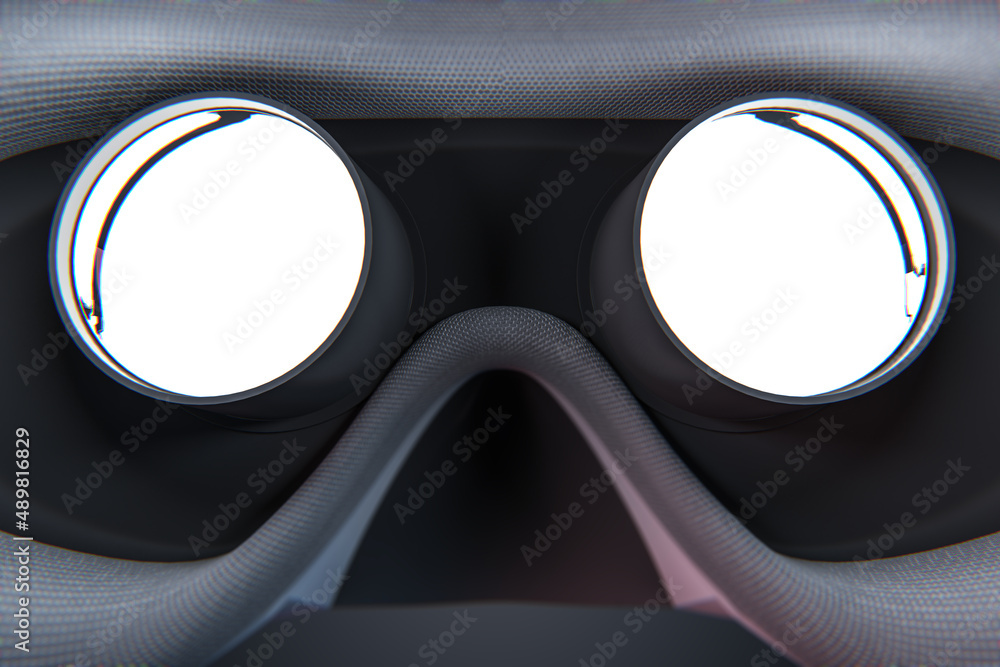 Close up of rear inside view abstract VR glasses on blurry gray ...