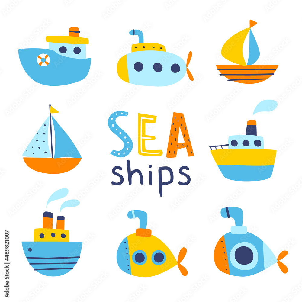 Sea doodle ships baby set. Cartoon nautical boats vector collection for ...