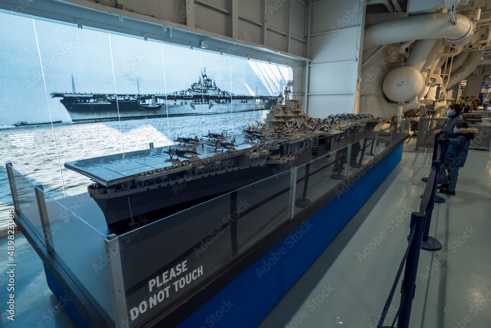 View of a detailed model of the aircraft carrier USS Intrepid made of ...