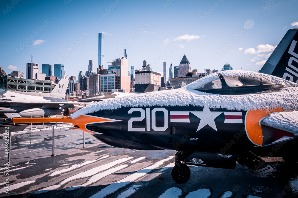 View of a F-9 Cougar fighter jet on the flight deck of USS Intrepid Sea ...
