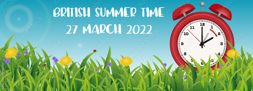 British summer time change in 2022 with English text, illustration ...