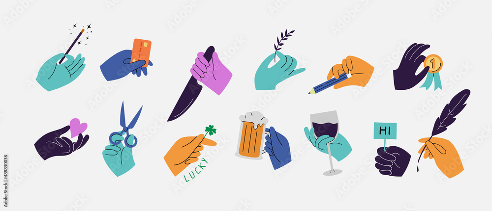 Set of colorful hands holding various stuff. Different operations and ...