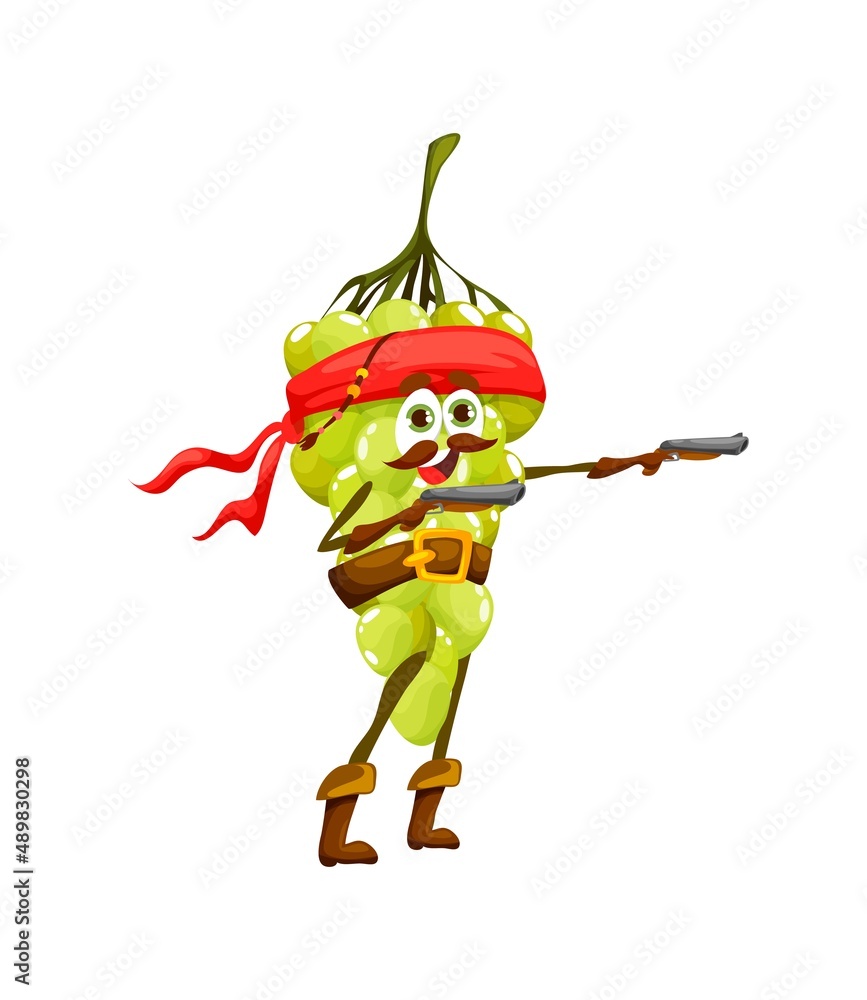 Cartoon grape pirate character with gun. Corsair or captain filibuster ...