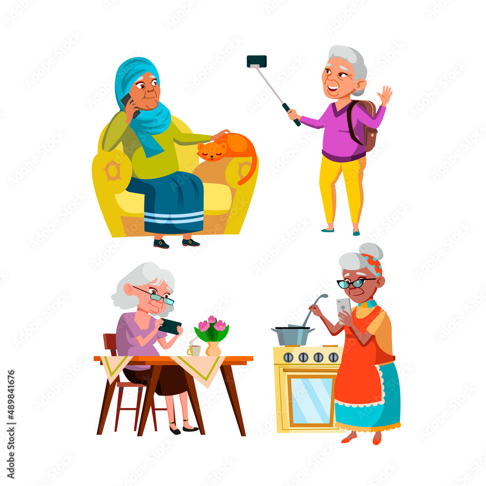 Old Women Grandma Using Mobile Phone Set Vector. Elderly Ladies Use ...