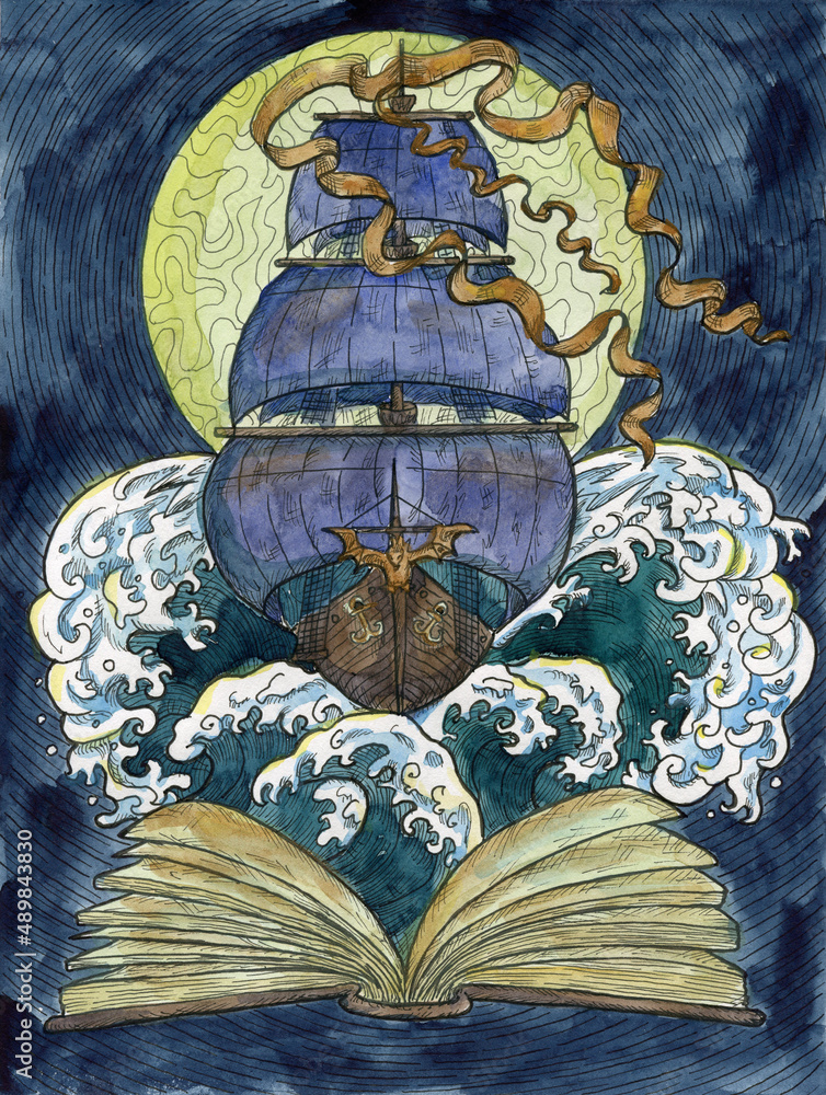 Colorful Marine Fantasy illustration of old sailing ship, book with ...
