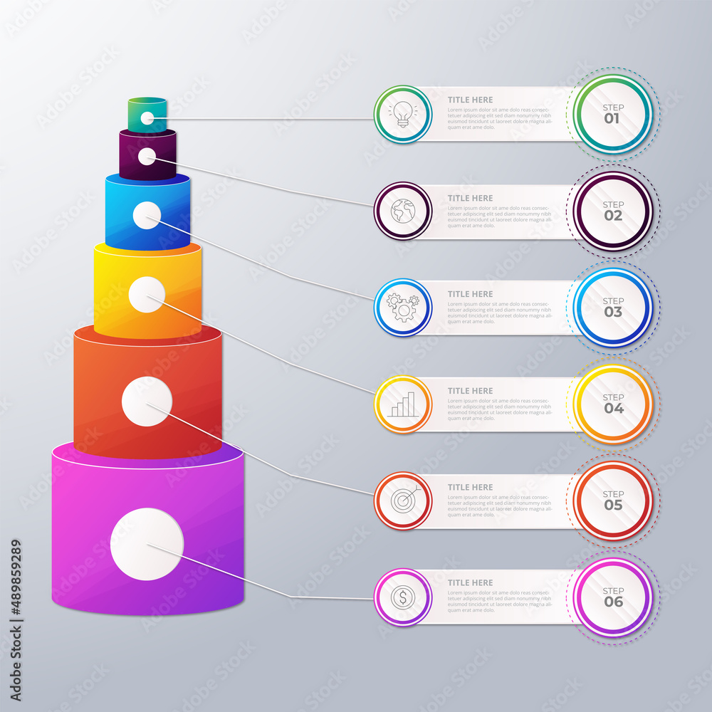 Line tower step infographic. 6 options workflow diagram, circle timeline number infograph ...
