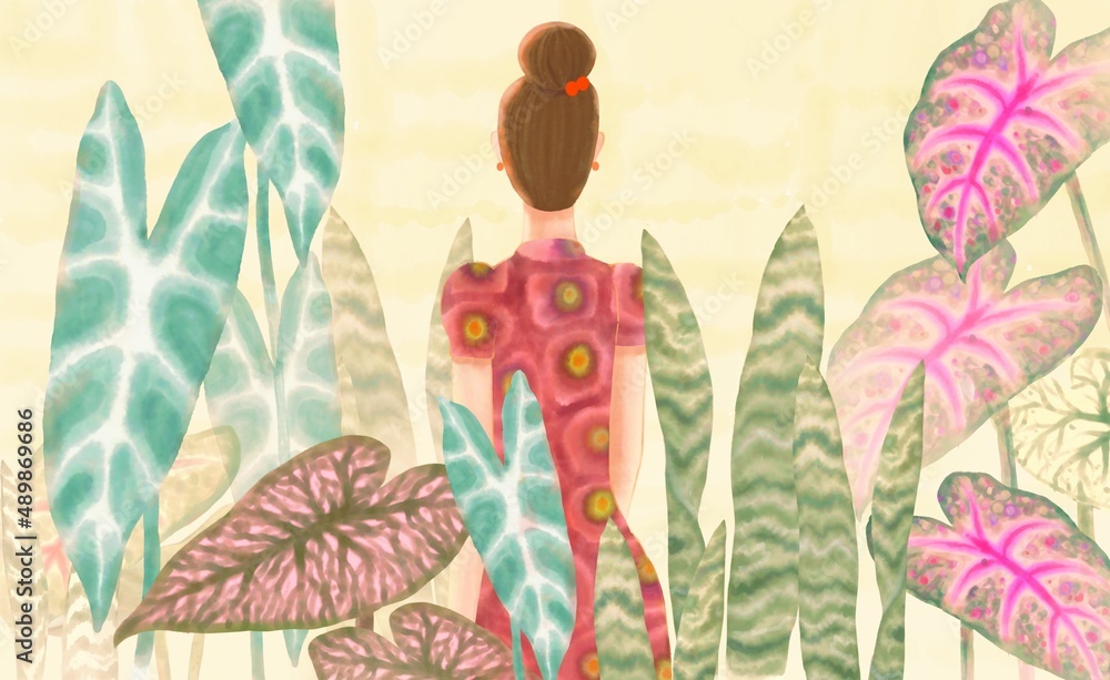 Watercolor painting of a woman in nature. Lady and leafs. Foliage ...