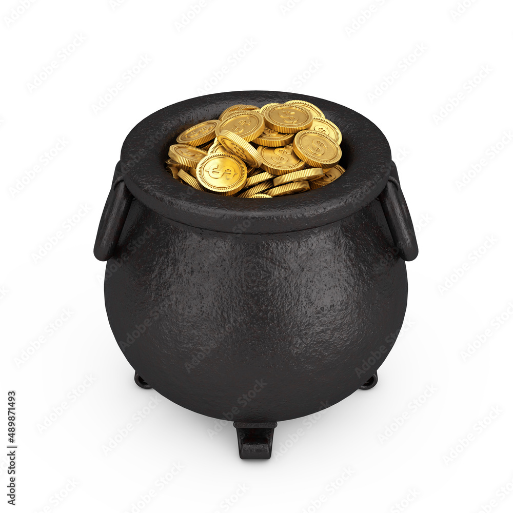 Iron Cauldron Pot full of Golden Coins. 3d Rendering Stock Illustration ...