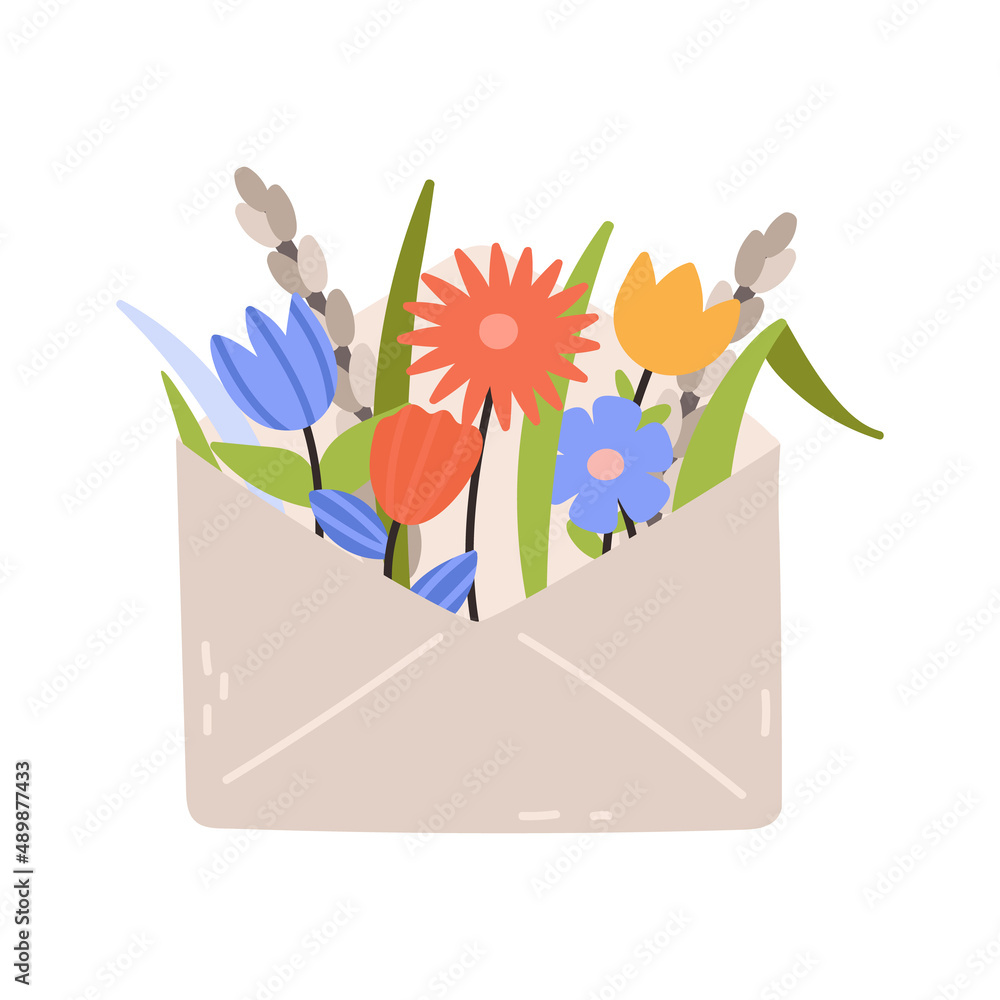 Cute beige letter with spring flowers isolated on a white background ...